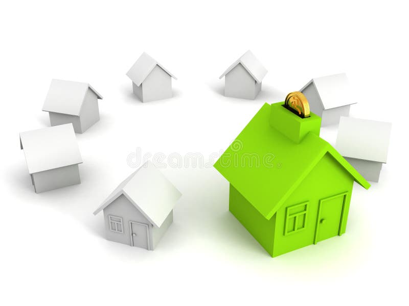 Dollar Coin Falling Down into a Selected House Bank Stock Illustration ...