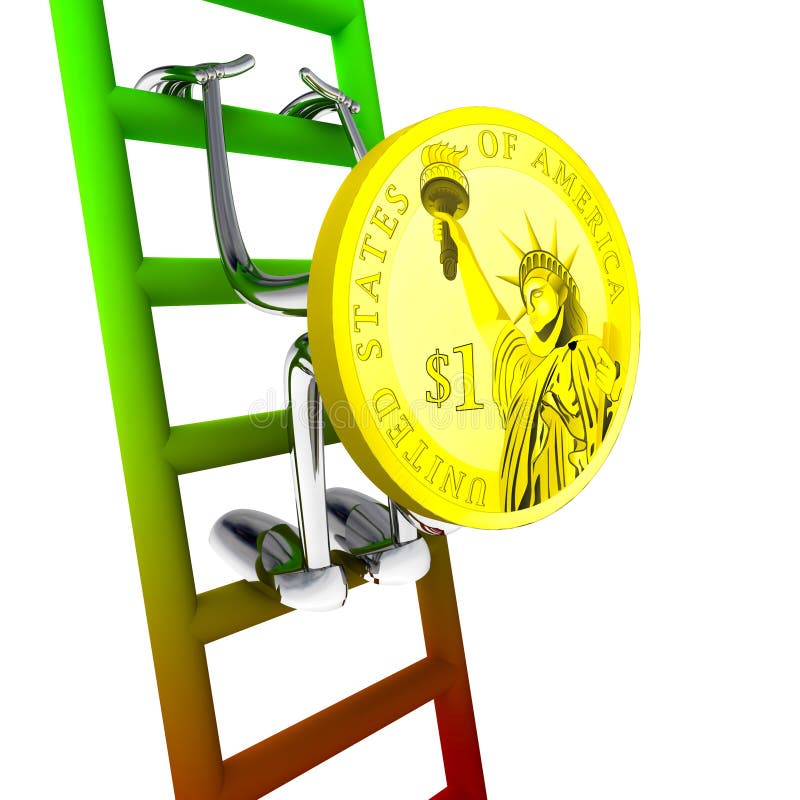 Dollar Coin Robot Climbs To the Top of the Ladder Illustration Stock ...