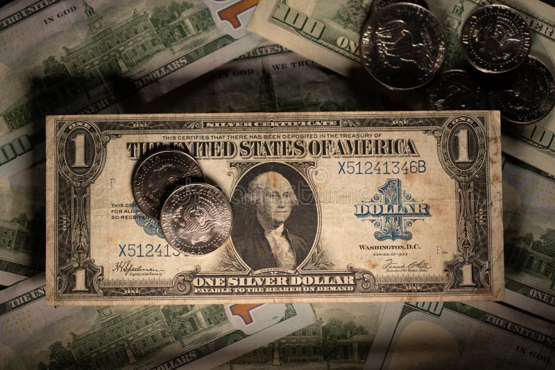 Dollar Coins on Dollar Banknote. Old Historic Money Stock Photo - Image ...
