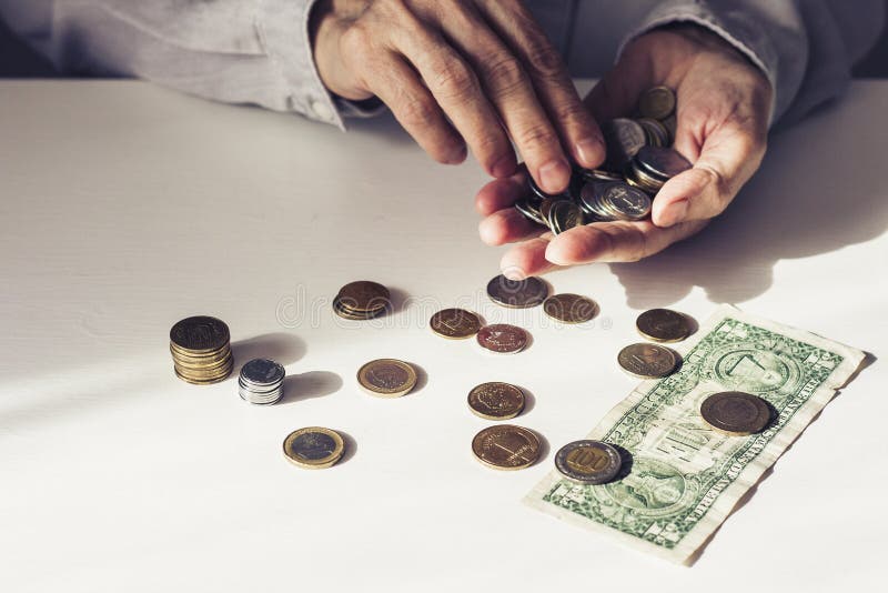 Dollar and Coins in Old Womanâ€™s Hands on White Background with Copy ...