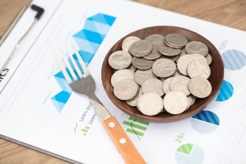Dollar Coins on a Plate and a Fork on a Document Stock Image - Image of ...