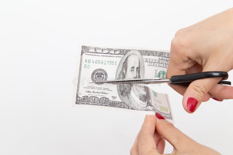 100 Dollar Cut with Scissors on White Stock Image - Image of bankruptcy ...