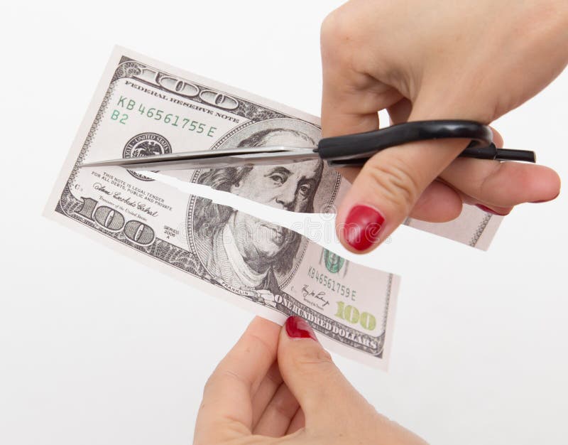 100 Dollar Cut with Scissors on White Stock Image - Image of despair ...