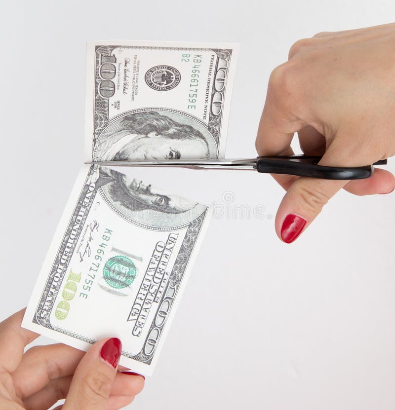 100 Dollar Cut with Scissors on White Stock Image - Image of ...