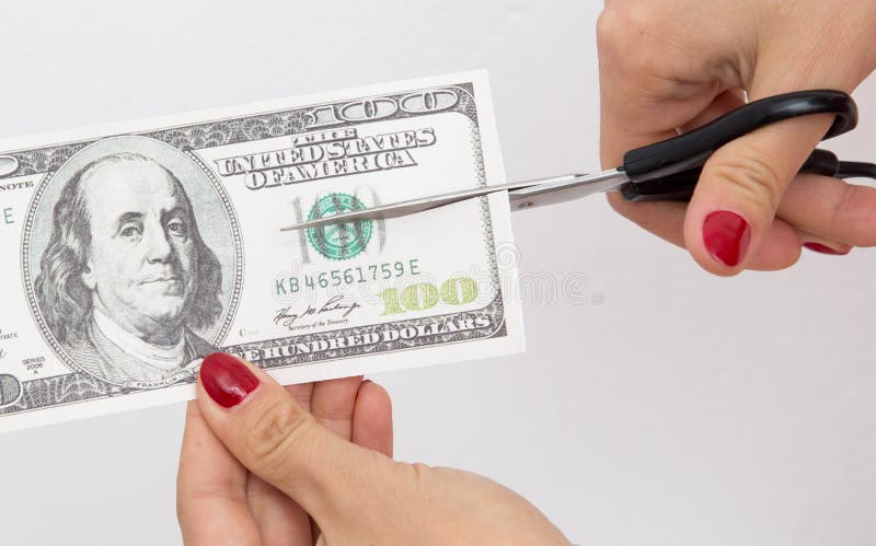 100 Dollar Cut with Scissors on White Stock Photo - Image of bankruptcy ...