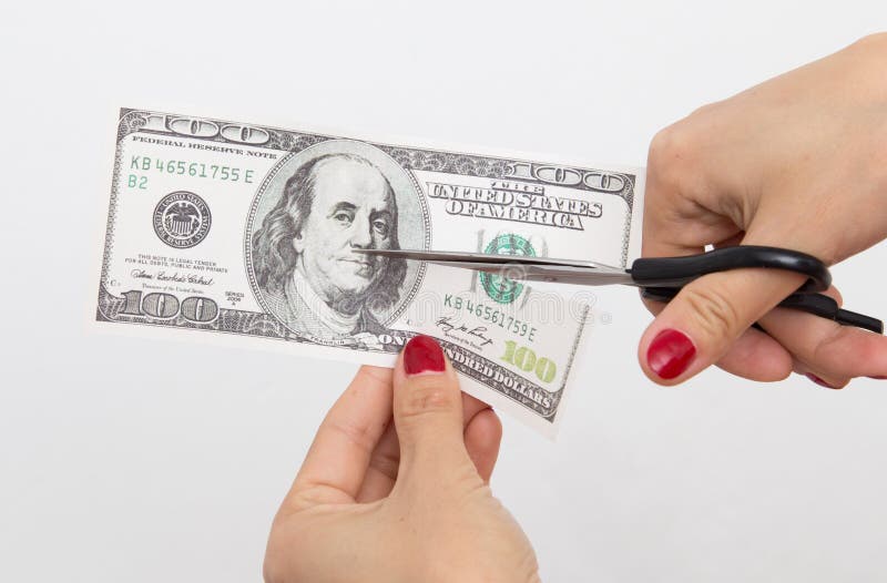 100 Dollar Cut with Scissors on White Stock Image - Image of business ...