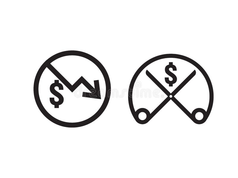 Dollar Decrease Icon. Money Rising Drop Fall Down Symbol. Business Scissor Cut Cost Reduction ...