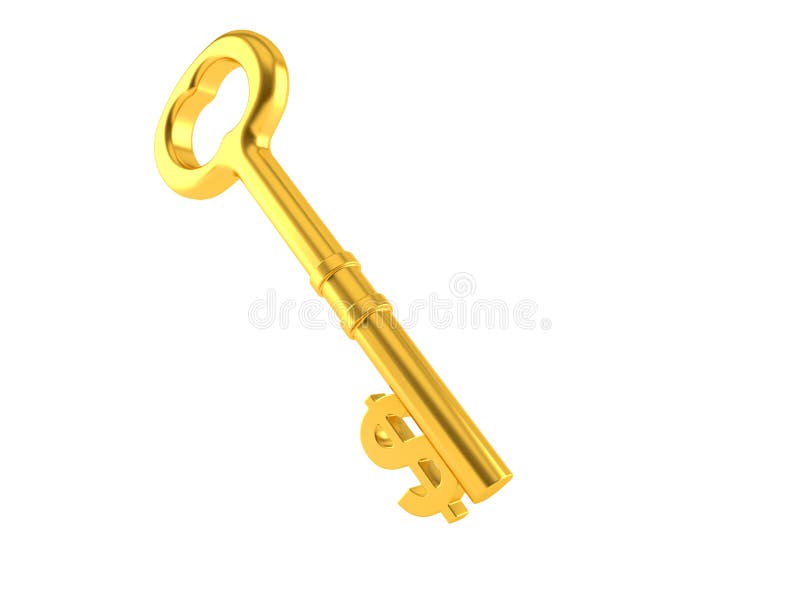 Golden Asset Key and Gold Coin Stacks Isolated on White Background. 3D ...