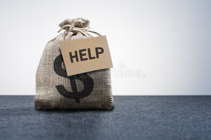 Dollar Money Bag and Board Sign with Text HELP. Stock Photo - Image of ...