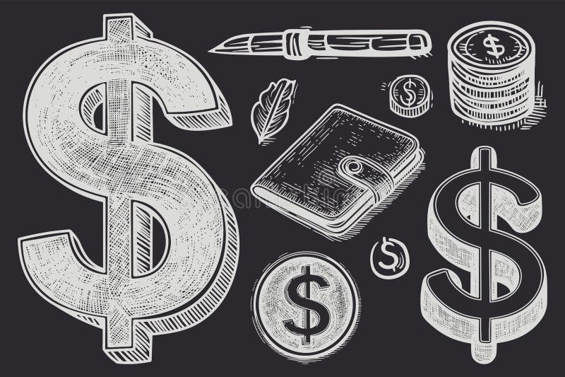 Dollar Money Icon Set. Hand Drawn Sketch Style. Vector Illustration ...