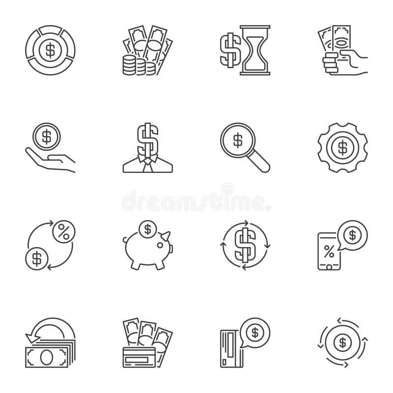 Dollar Money Vector Concept Icons or Signs in Thin Line Style Stock ...