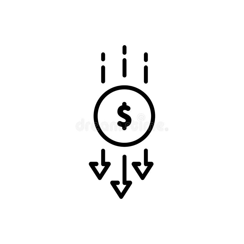 Dollar Rate Decrease Vector Line Icon. Money Symbol with Down Arrow. Money Crisis Icon. Lower ...
