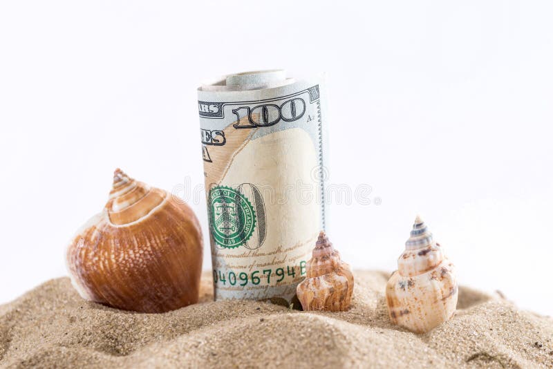 Dollar in Sand with Shell Isolated on White. Stock Image - Image of ...