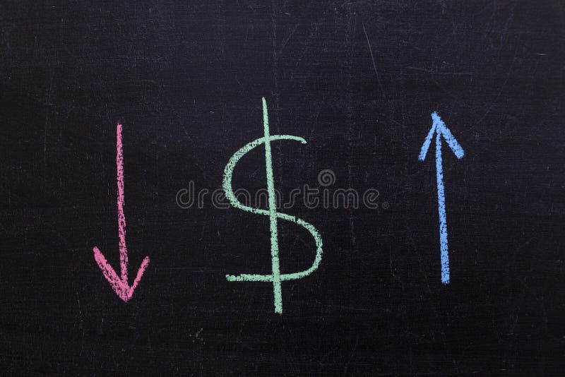 Dollar Sign on a Chalkboard, Drop and Rise Arrows Stock Image - Image ...
