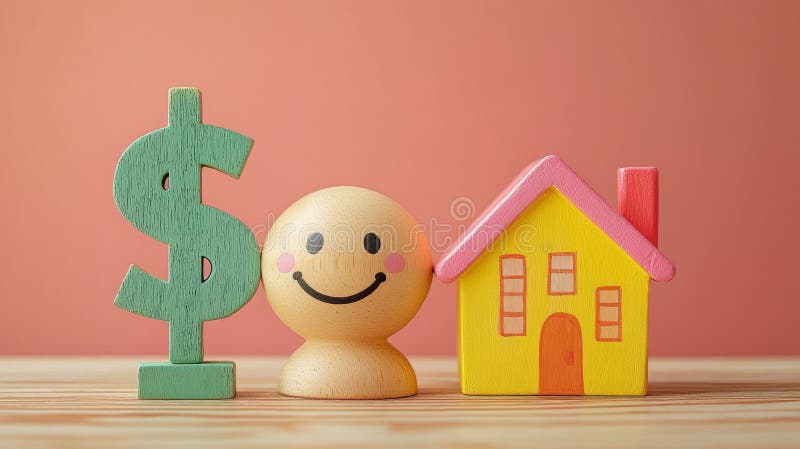 Dollar Sign, Smiley Face, and House on Wooden Surface. Stock Photo ...