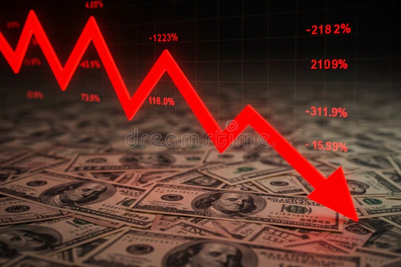 Dollar Value Decline Red Line Graph US Currency Bills Recession Chart ...