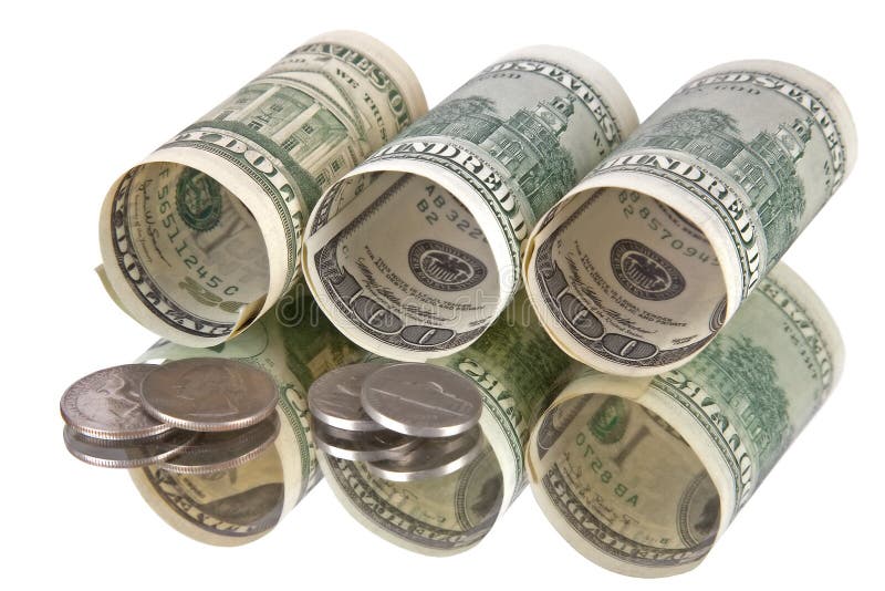 Dollars Banknotes Rolls and Coins Stock Image - Image of deposit ...