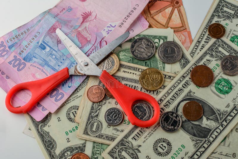 Dollars, Coins, Scissors and Other Money are on the Table Stock Image ...