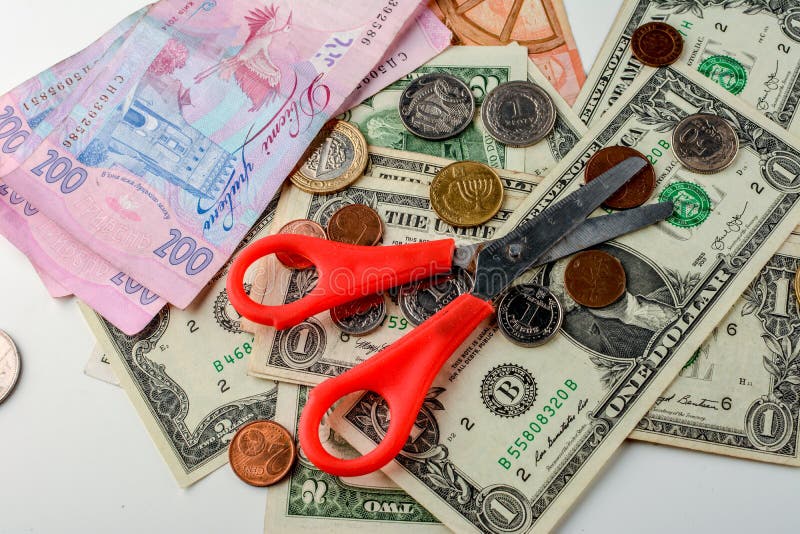 Dollars, Coins, Scissors and Other Money are on the Table Stock Image ...