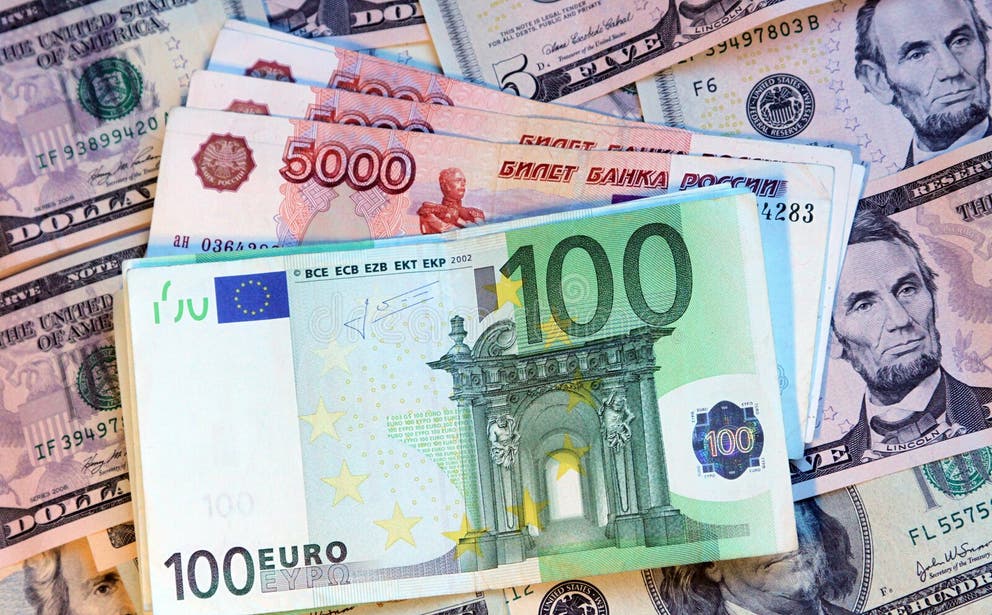 Dollars, Euros and Modern Russian Roubles Stock Photo - Image of ...