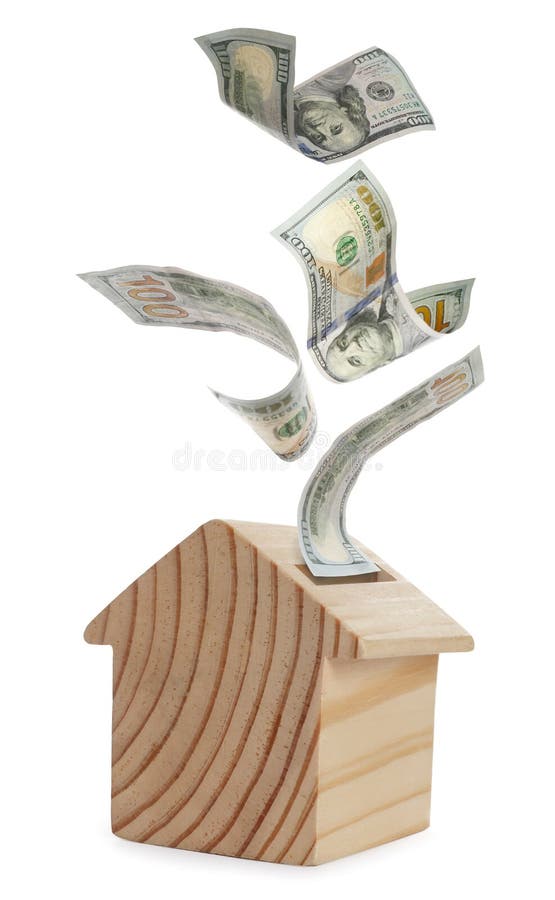 Dollars Falling into House Shaped Money Box on White Background Stock ...