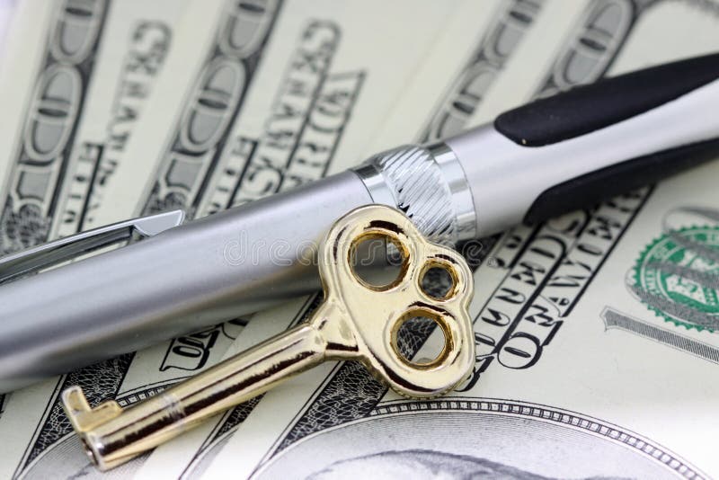 Dollars, gold key and pen stock image. Image of reserve - 8156063