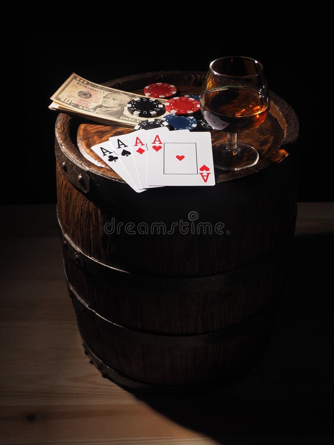 Dollars and Playing Cards on a Wooden Barrel Stock Image - Image of ...