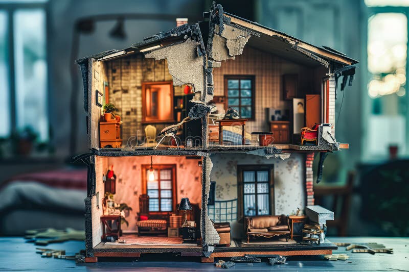 Dollhouse with a Broken Window and a Destroyed Interior Stock Image ...