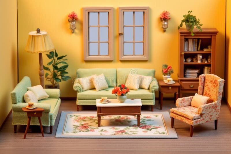 Dollhouse Interior Featuring Miniaturized Living Room Set Stock Photo ...