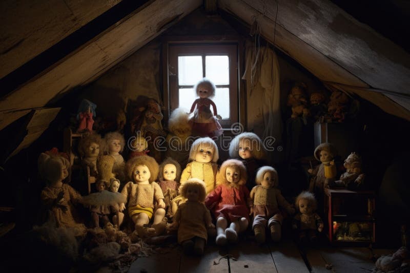 Dolls Empty Gaze in a Dark Attic Corner, Illuminated by a Single Beam ...