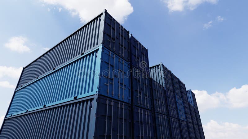 Dolly Zoom in the Stack of Blue Container Boxes with Sky Background ...