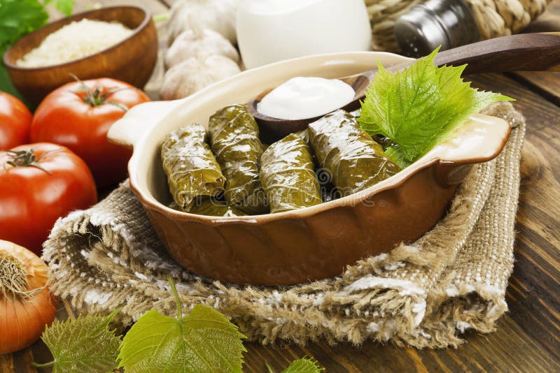 Dolma on the ceramic pot stock image. Image of grape - 75139775