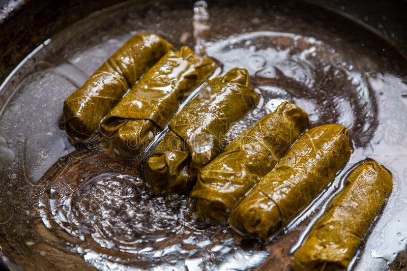 Dolma Grape with Beef in a Frying Pan with Oil is Fried. Horizontal ...