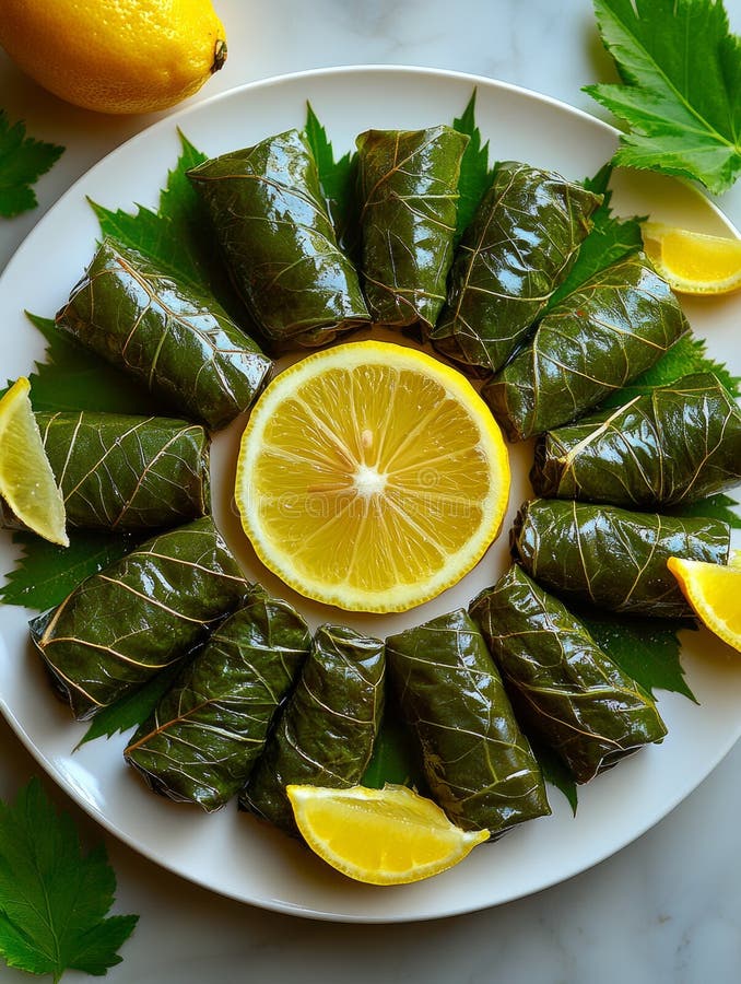 Dolma and Lemon Garnish on a White Plate. Stock Photo - Image of ...