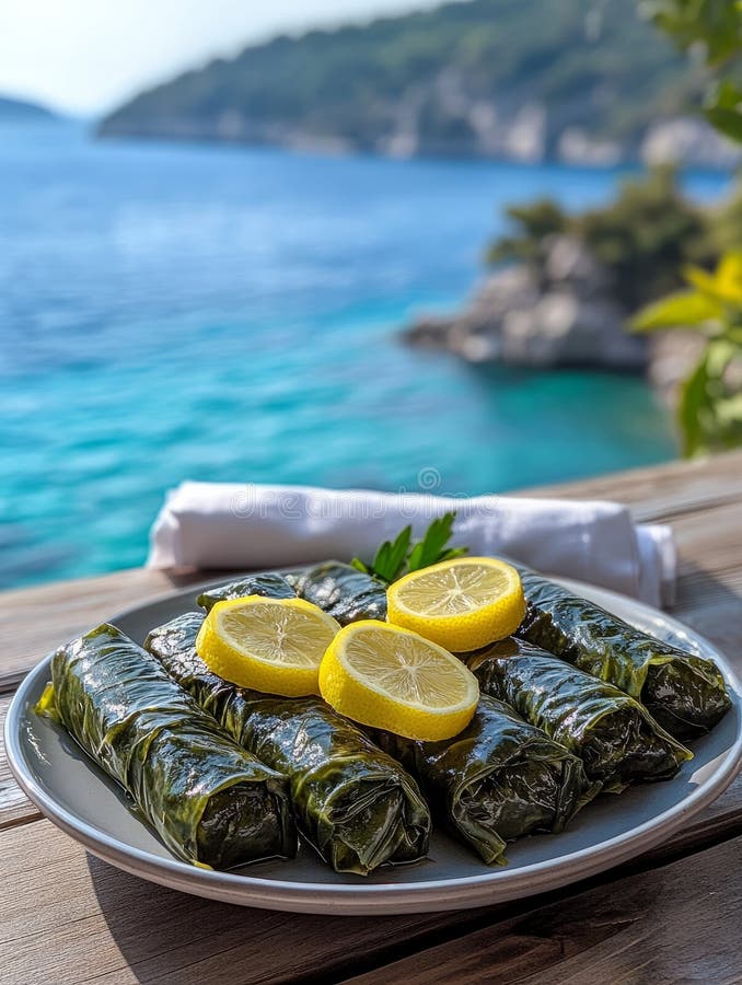Dolma Plate with Lemon by the Sea, Sunny Day. Stock Photo - Image of ...