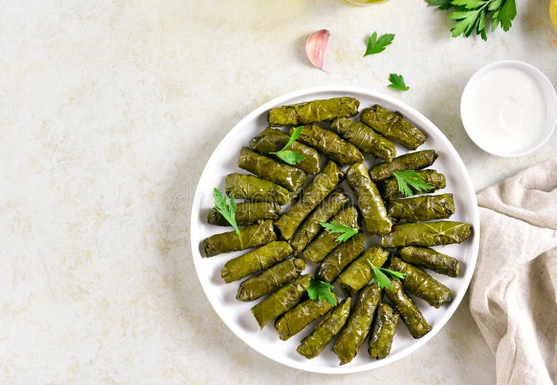 Dolma, Stuffed Grape Leaves with Rice and Meat Stock Photo - Image of ...