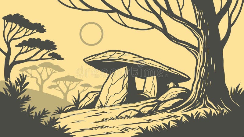 Dolmen with Ancient Tree, Megalithic Site Flat Vector Art, Vector ...
