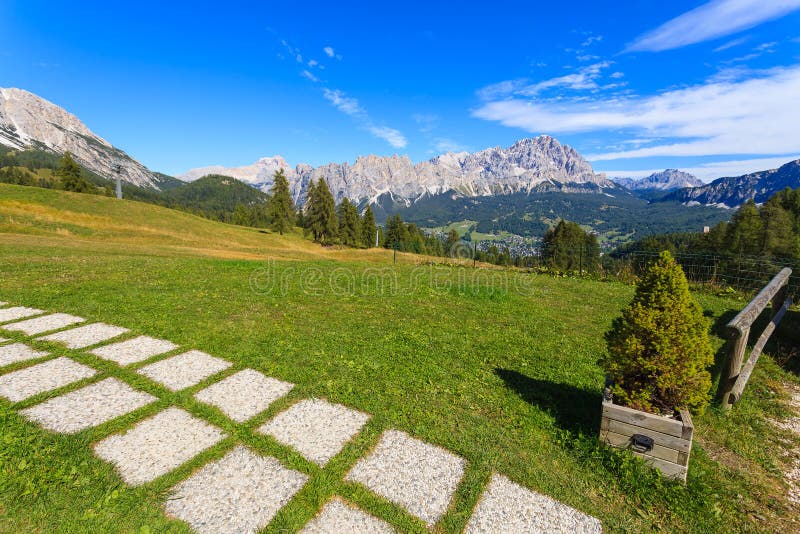 Path on Green Grass in Dolomites Mountains, Italy Stock Photo - Image ...