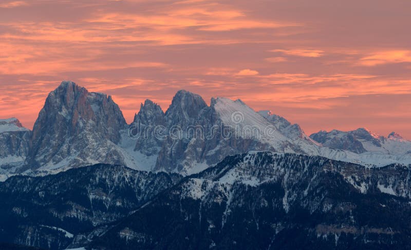 Dolomites Mountain Panorama in Winter, Sunset and Twilight Sky Stock ...