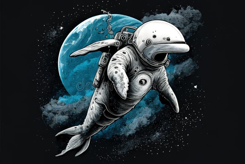 Dolphin Astronaut in Space Suit Flies Against the Backdrop of Planet ...
