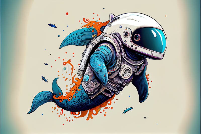 Dolphin - Astronaut in Spacesuit on White Background. Doodle Style Art ...