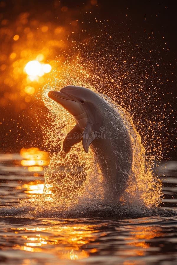 Dolphin Breaching the Surface at Sunset, Creating a Golden Splash Stock ...