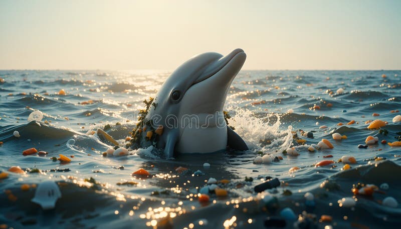 Dolphin Breaching To Escape Ocean Plastic Pollution Stock Illustration ...