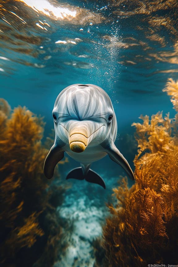 A Dolphin Breaking Surface in the Ocean, with Its Head and Dorsal Fin ...