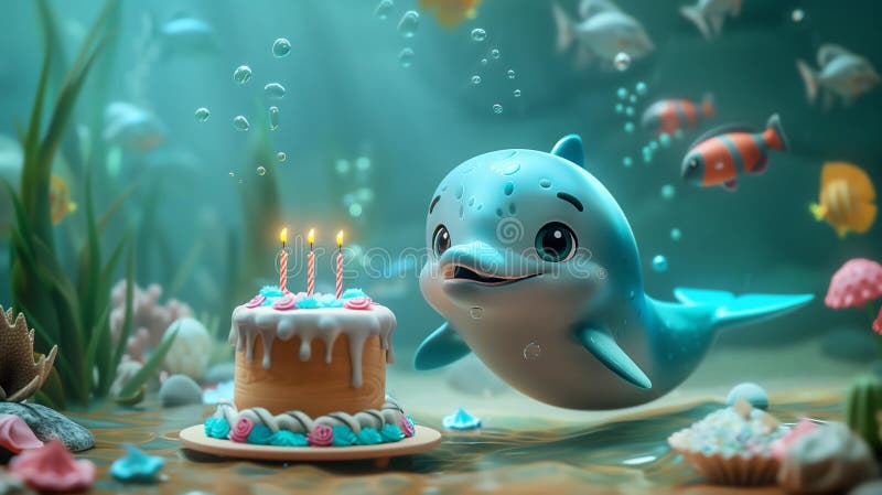 Dolphin with cake stock illustration. Illustration of gift - 313223113