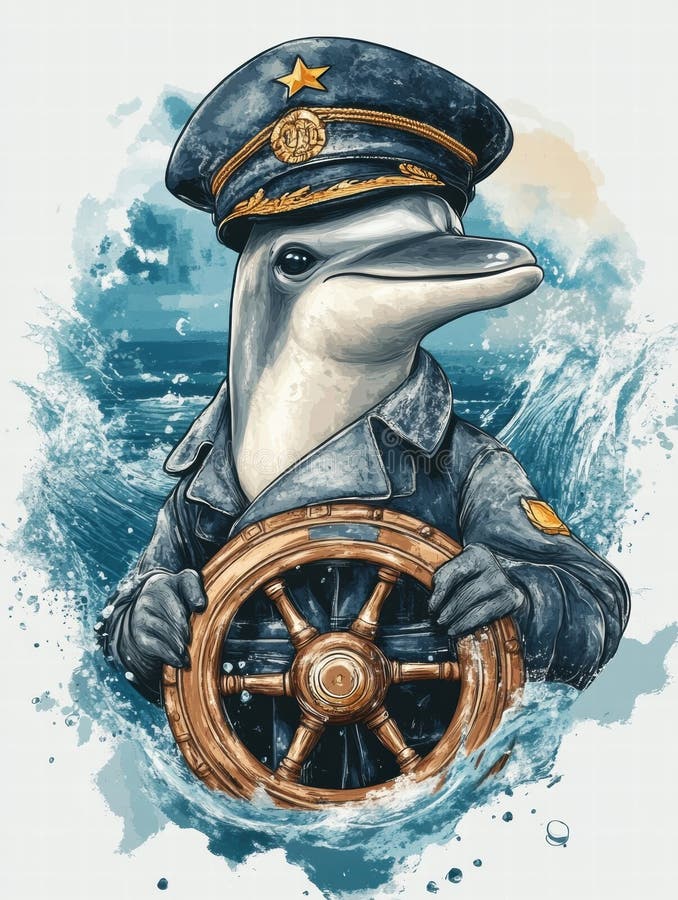 Dolphin Captain Navigating the Ocean with a Ships Wheel Under a Bright ...