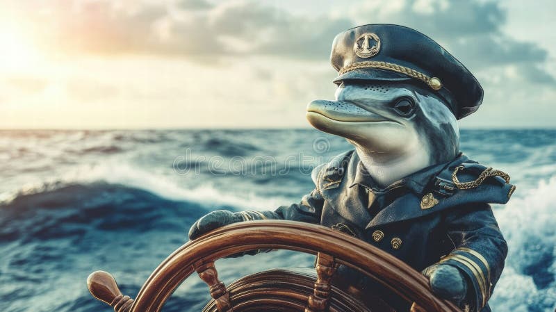 Dolphin Captain Steering a Ships Wheel while Navigating through the ...