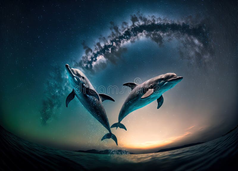 Dolphin Couple Jumping in Ocean at Night. Generative AI Stock ...