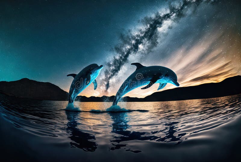 Dolphin Couple Jumping in Ocean at Night. Generative AI Stock ...