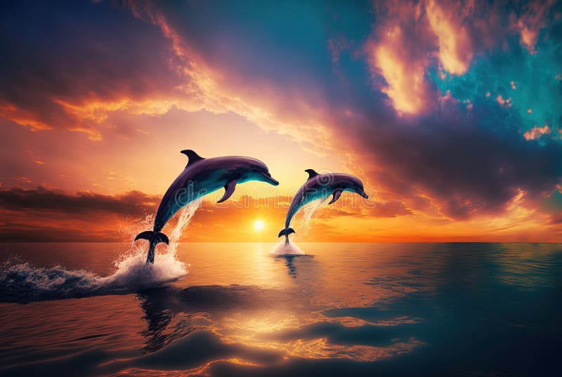 Dolphin Couple Jumping in Ocean at Sunset. Generative AI Stock ...